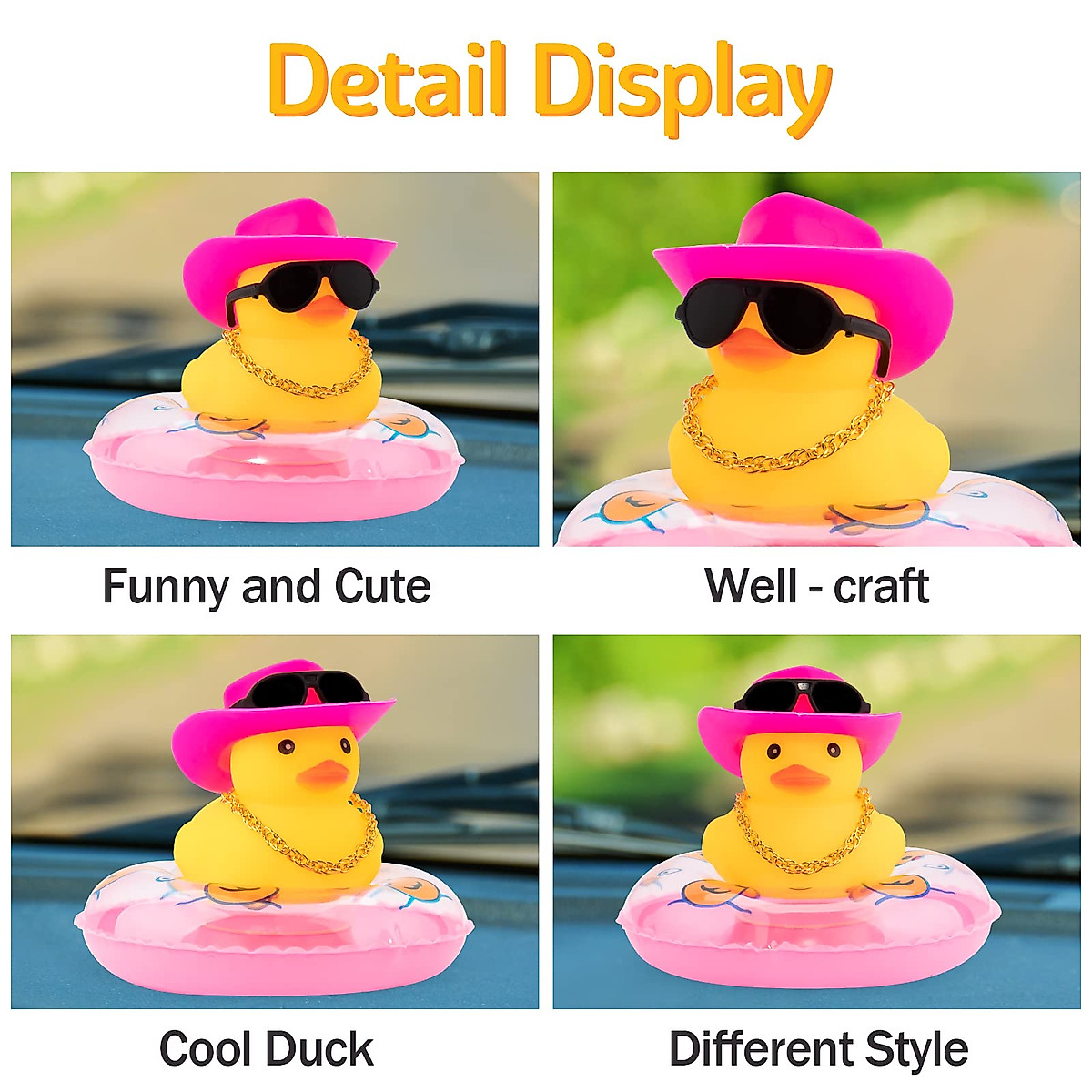 wonuu Car Rubber Duck, Yellow Duck Decoration Dashboard with Sun Hat Swim Ring Necklace Sunglasses for Car Dashboard Decorations