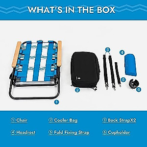 Dowinx Beach Chair with Cooler Bag, Folding Caming Chair with Backpack Straps, High Back 3 Position-Reclining Outdoor Chair Aluminum Frame(Blue)