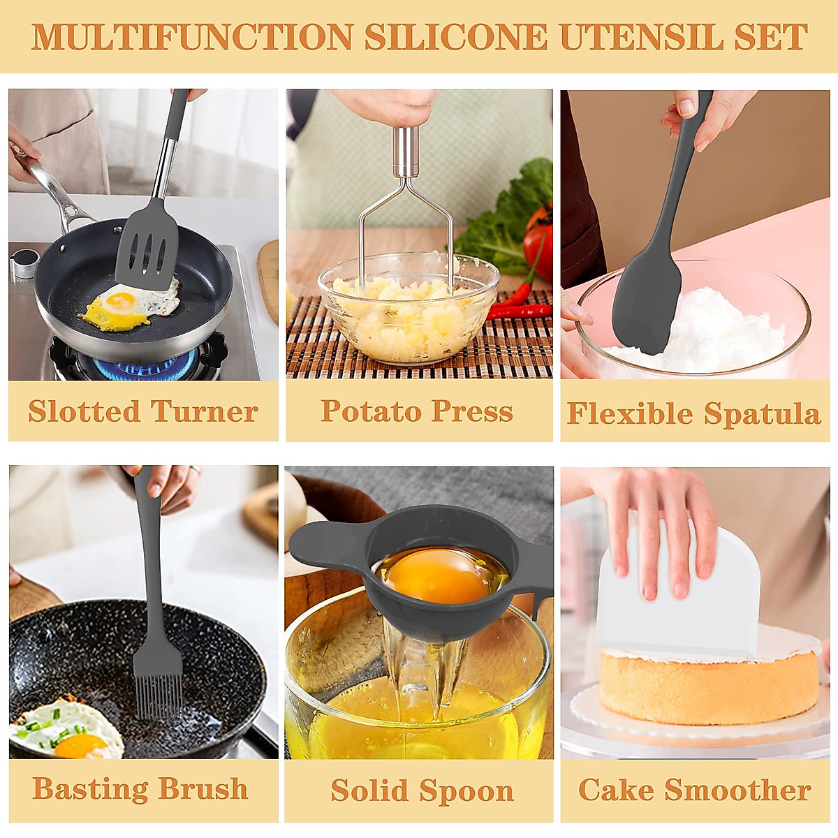 Silicone Cooking Utensil Set, Umite Chef 43 PCS Heat Resistant Kitchen Utensil Gadgets Set-Stainless Steel Handle- Kitchen Spatula Tools for Nonstick Cookware, Pots and Pans Accessories(Grey)