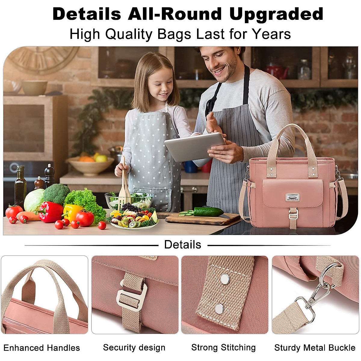 Weitars Lunch Bag for Women Work,Insulated Lunch Box Extra Large Lunch Tote Bag,Wide-Open Tote Cooler Bag With Removable Shoulder Strap with Side Pocket,Lunchbag For Picnic Hiking School Beach