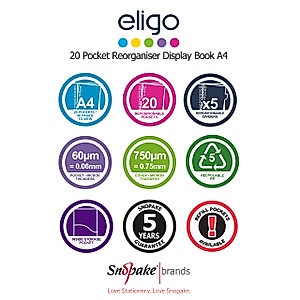 Snopake Eligo A4 ReOrganiser Display Book with Dividers & Index Tabs [Pack of 2] 20 Pockets/40 Sides to View Ref: 15863,Black