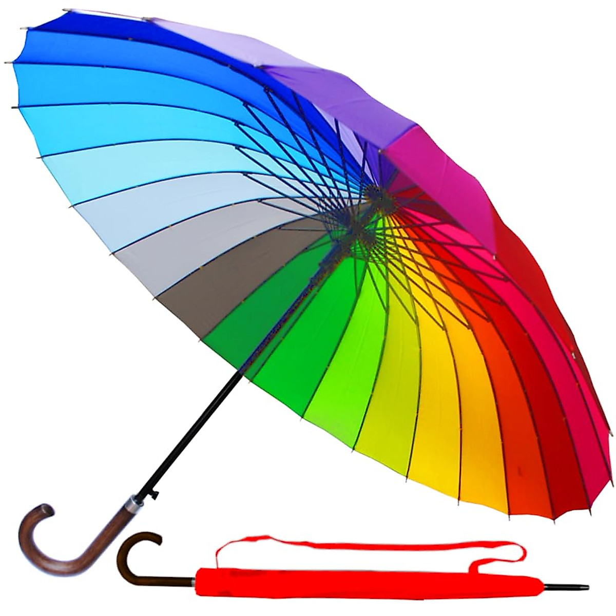 60MPH Windproof 24 Rib Large Strong Rainbow Umbrella - XL Automatic Heavy Duty Golf Umbrella For Rain and Wind - 3 Layer Frame - Wooden Hook Handle - Best for Most Ribs