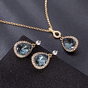 EVEVIC Austrian Crystals Teardrop Pendant Necklace Earrings for Women 14K Gold Plated Hypoallergenic Jewelry Set (Dark Blue)