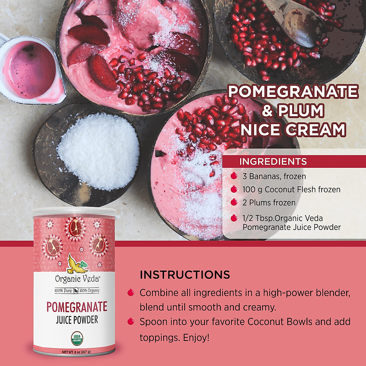 Organic Veda Pomegranate Juice Powder - Powdered Pomegranate Extract Rich in Vitamin C, Folate & Potassium - Pomegranate Concentrate For Salad, Yogurt, Ice Cream - Vegan, Non-GMO, Zero Gluten- 8oz