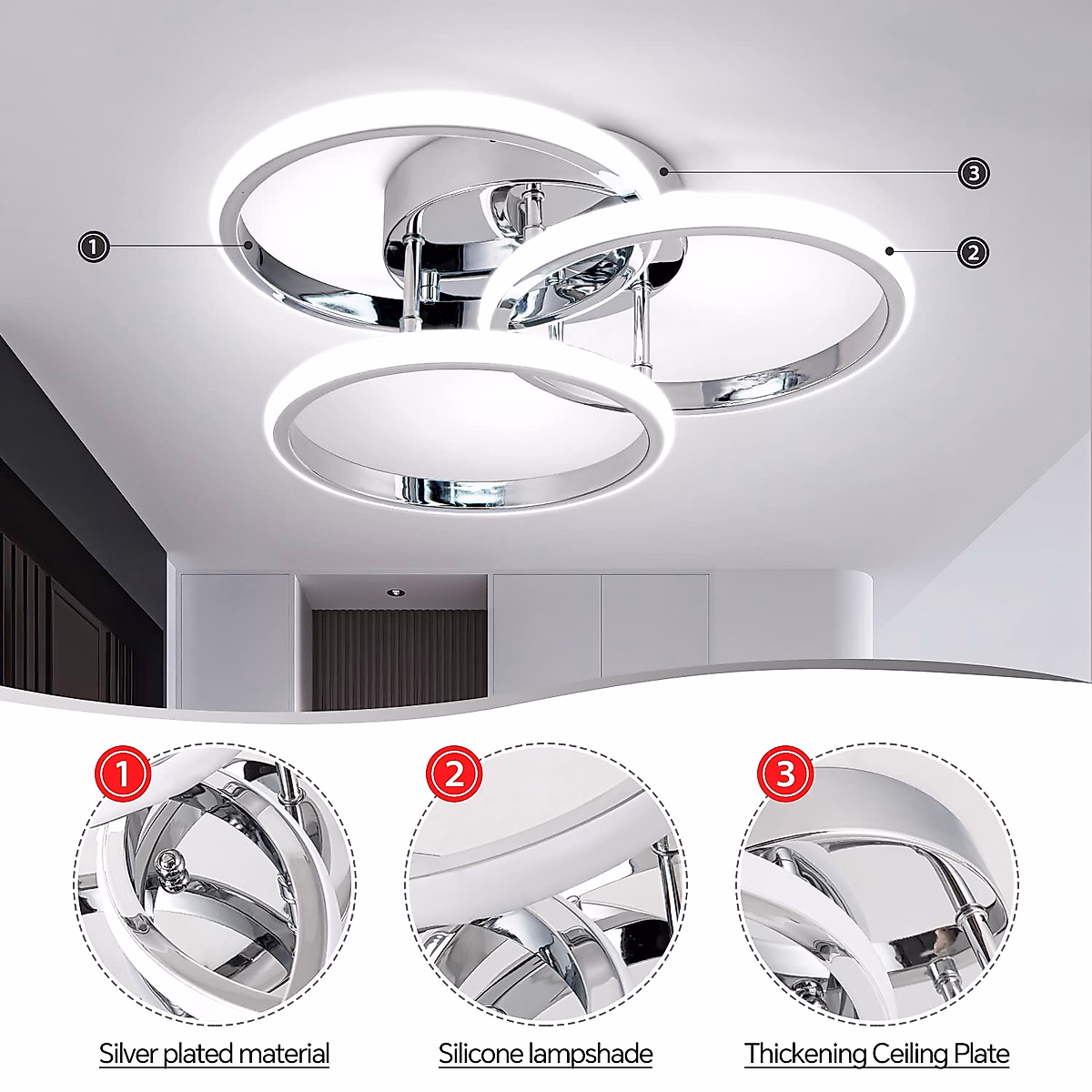 15.74IN Dimmable LED Modern Flush Mount Ceiling Light Fixture with Remote Control, Chrome 3000K-6500K 3-Color Dimming Circle Modern Chandelier, Close to Ceiling Bedroom Kitchen Cloakroom Lamp