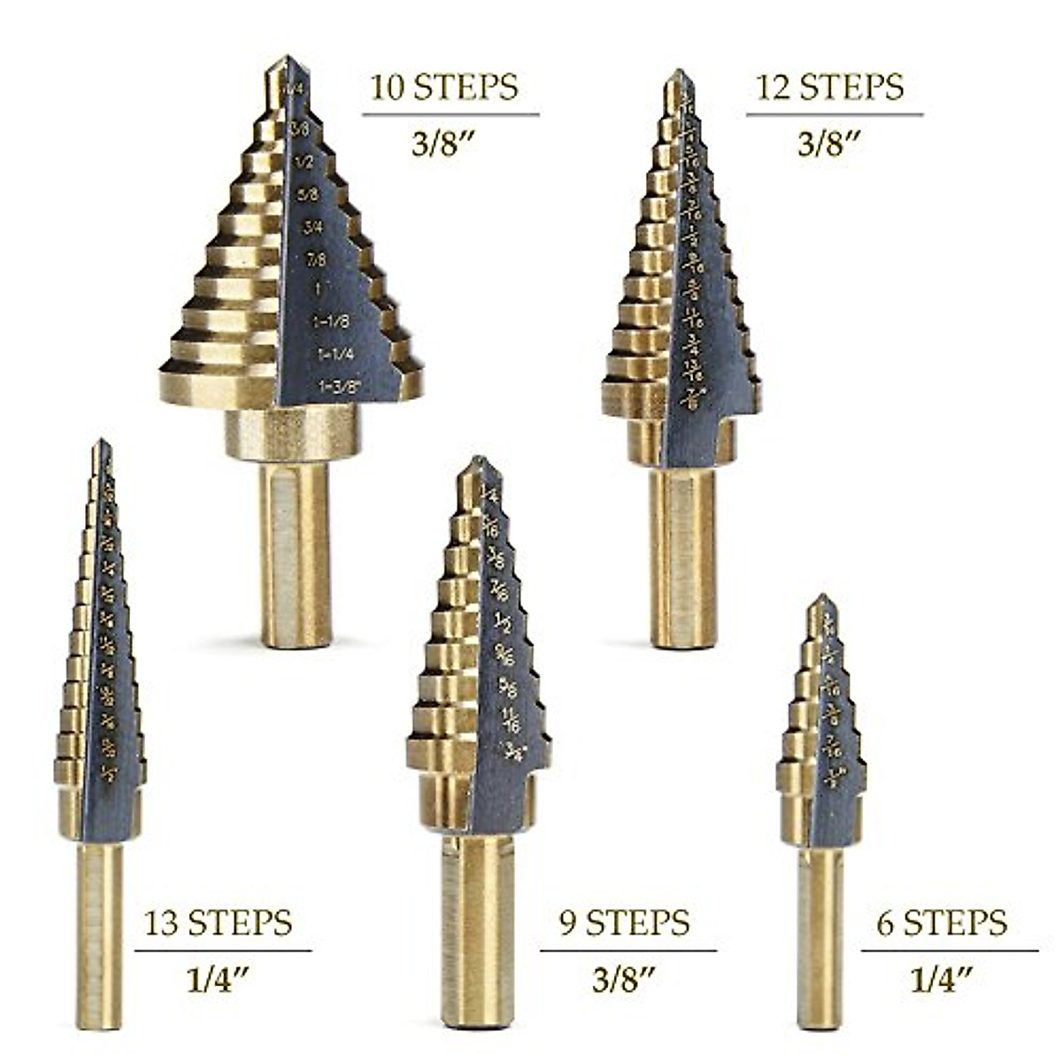 CO-Z Step Drill Bits, HSS 5PCS Titanium Step Drill Bit Set, 50 Sizes in 5 High Speed Steel Unibit Drill Bits Set for Sheet Metal with Aluminum Case, Multiple Hole Stepped Up Bits for DIY Lovers