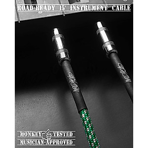 Mophead 15-Foot Guitar Instrument Cable - 1/4 Inch TS to 1/4 Inch TS Right Angle Pro Grade Double Insulated Tweed Braided for Electric Guitar, Bass, Amp, Keyboard (Green and White)