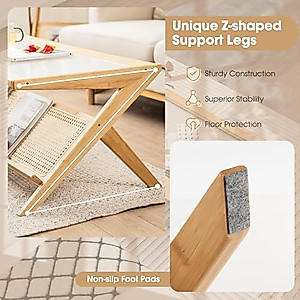 GOFLAME Bamboo Coffee Table, 2-Tier Rectangular Coffee Table with Glass Tabletop, Modern Center Table with Handwoven Rattan Storage Shelf, 48” Tea Table Cocktail Table for Living Room, Office, Natural