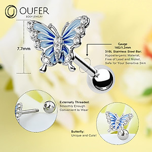 OUFER 16G Helix Earrings, 316L Stainless Steel Tragus Earring Studs, Blue Butterfly Elements Paved Shiny Clear CZ Cartilage Earrings, Flower Helix Piercing Jewelry