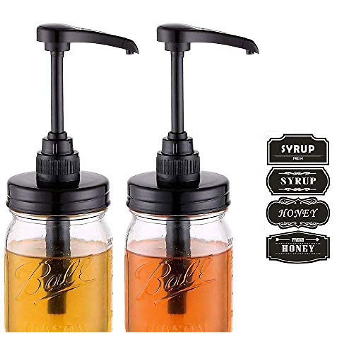 Mason Jar Syrup & Honey Dispenser Pump Lids, Rust Proof, Plastic Dispenser Lid for 16 oz Regular Mouth Mason Jars Kitchen and Table Decor - 2 Pack