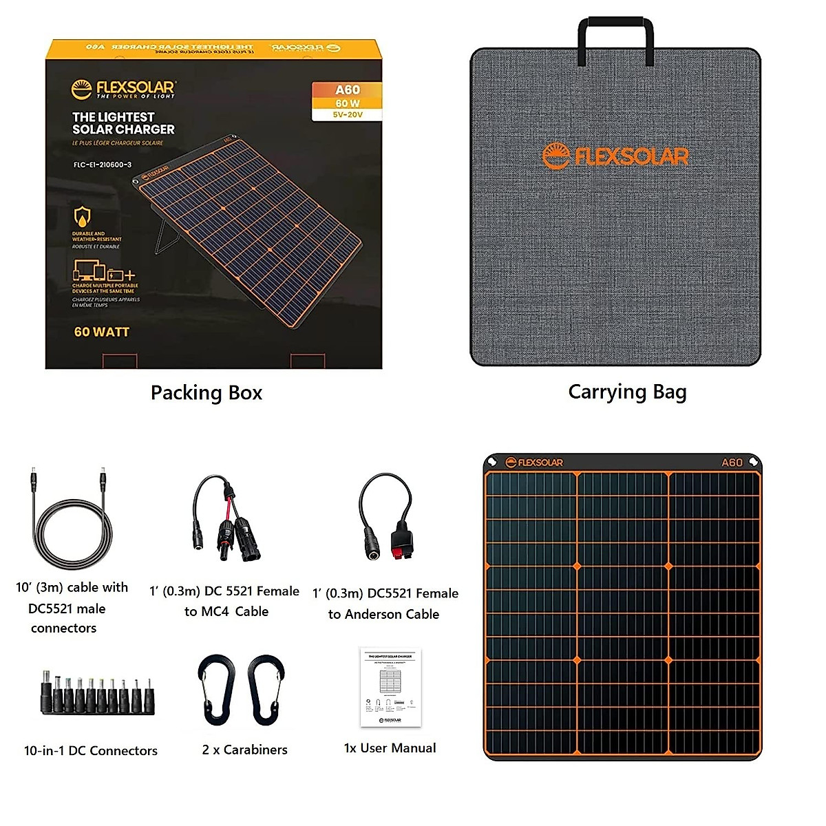 FlexSolar 60W Solar Panel Charger Kit QC3.0 USB-A/PD USB-C/DC Outputs IP67 Waterproof Portable Power Emergency for Power Station Generator Cellphone Tablet RV Battery