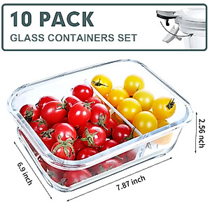 VERONES 10 Pack Glass Meal Prep Containers 2 Compartment Set, 30 OZ Airtight Glass Lunch Containers, Glass Food Storage Containers with Lids, for Microwave, Oven, Freezer & Dishwasher Friendly，Grey