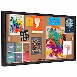Enclosed Sliding Door Cork Bulletin Board, 5 x 3 Feet, Self-healing Corkboard Display Surface, 60" x 36" Notice Board for Wall Mount with Included Mounting Hardware, Black, Aluminum Frame