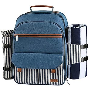 Sunflora Picnic Backpack for 4 Person with Blanket Picnic Basket Set for 2 with Insulated Cooler Wine Pouch for Family Couples (Blue & Stripe)