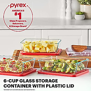 Pyrex Simply Store Glass Food Storage Container, Snug Fit Non-Toxic Plastic BPA-Free Lids, Freezer Dishwasher Microwave Safe, 6 Cup