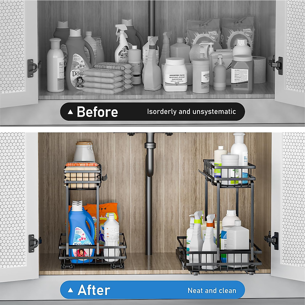 Under Sink Organizers and Storage, MEGAGURU 2-Tier L-Shape Heavy Duty Metal Pull Out Cabinet Organizer for Under Sink Organizer, Multi-Purpose for Under Kitchen Bathroom Sink Organizers and Storage