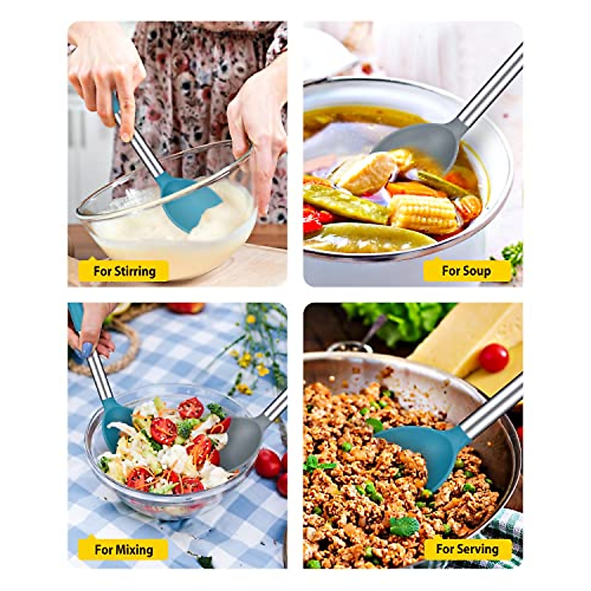 Pack of 2 Large Silicone Cooking Spoon Non Stick Solid Basting Spoons Heat-Resistant Kitchen Utensils for Mixing Serving (Gray-Blue)