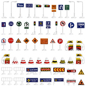 56Pcs Street Road Signs Playset Traffic Signs Playset Mini Electric Traffic Lights Toy Road Signs for Play(Mini Size)