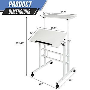 SFIHOME Small Standing Desk Adjustable Height and Angle, Computer Laptop Desk Home Office Sit Standup Desk, Portable Rolling Desk with Wheels, 2 Platforms, White