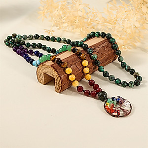Bivei 108 Mala Beads Necklace Tree of Life 7 Chakra Wrap Bracelet Real Healing Gemstone Yoga Meditation Hand Knotted Mala Prayer Bead Necklace(African Turquoise 8mm)