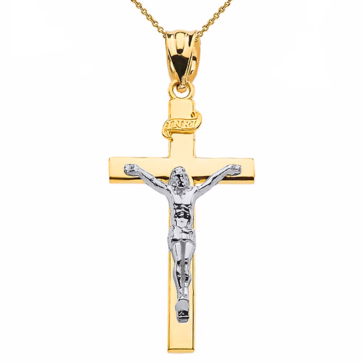 14k Two-Tone Yellow Gold Linear Cross INRI Crucifix Pendant Necklace (1.60"), 22"