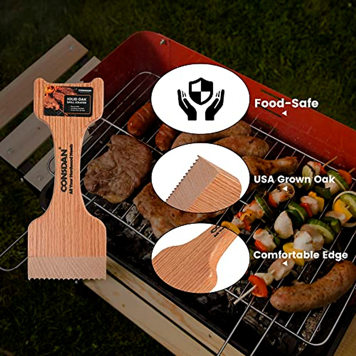 CONSDAN Grill Scraper, Soild Oak Wooden Grill Brush, Grill Scraper for Outdoor Grill, Bristle Free Grill Scrapers, Grill Grate Cleaner Safe Wood Grill Brusher