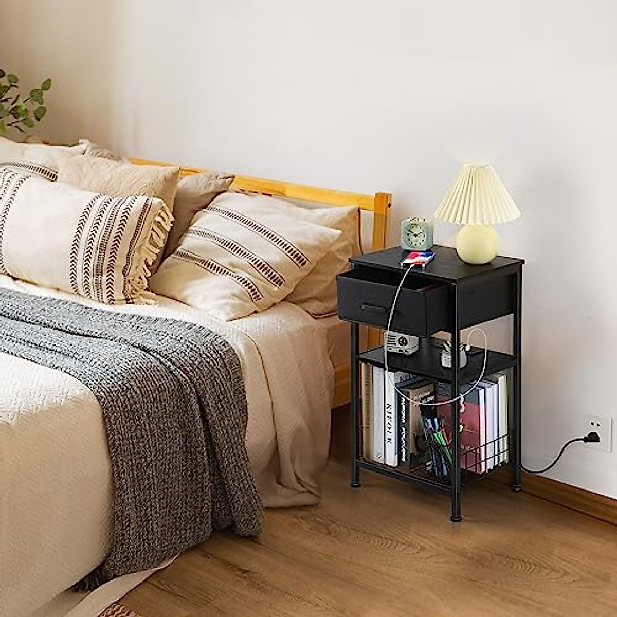 Black Night Stand with Charging Station, Small Bedside Tables with Storage Shelf for Small Spaces, Industrial End Table with Fabric Drawer for Living Room, Bedroom, Office