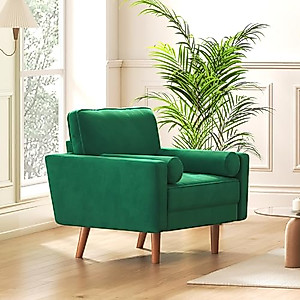 Vesgantti Green Velvet Accent Chair, Mid Century Modern Living Room Chairs, Button Tufted Arm Chairs with 2 Pillows, Comfy Sofa Chairs for Bedroom, Office