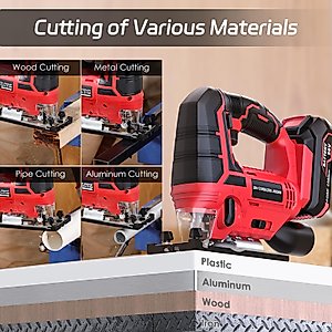 Jig Saw - 20V Cordless Jigsaw with Battery and Charger 2700 SPM Rechargeable Jigsaw with 10pcs Cutting Blades Bevel Angle (±45°) Variable Speed and 4 Orbital Function for Straight/Curve/Circle Cutting