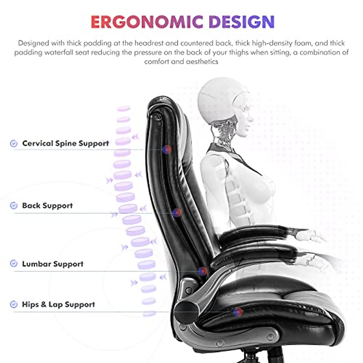 High Back Executive Office Chair 300lbs-Ergonomic Leather Computer Desk Chair with Flip-up Armrest, Thick Bonded Leather Office Chair for Comfort and Lumbar Support, Adjustable Rock Back Tension-Black