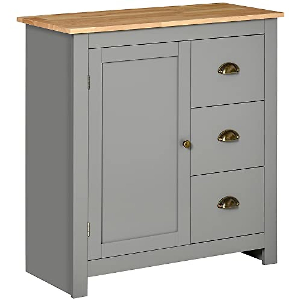 HOMCOM Modern Kitchen Cabinet, Storage Sideboard, Buffet Table with Rubberwood Top, 3 Drawers and Cabinet with Adjustable Shelf, Grey