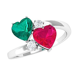 Natural Ruby Emerald Ring, Toi Et Moi Heart Promise Ring, Certified 2 Stone Pre Engagement Ring For Women, 14K White Gold, Size:US 8.00