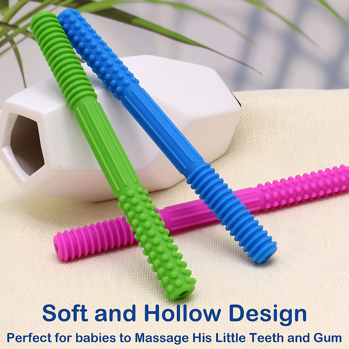 Munchewy Sensory Teething Tubes(4 Pack), Soft Silicone Hollow Teether Chew Toy for Babies, Toddlers, Kids, Boys, Girls with Autism, ADHD, SPD, Biting, Teething, Sensory Needs(Blue,Green,Purple,Red)