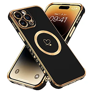 BENTOBEN iPhone 14 Pro Max Phone Case [Compatible with Magsafe] Slim Thin Luxury Gold Heart Design Shockproof Protection Soft TPU Bumper Drop Protective Girls Women Boy Men 14 ProMax Cover, Black/Gold