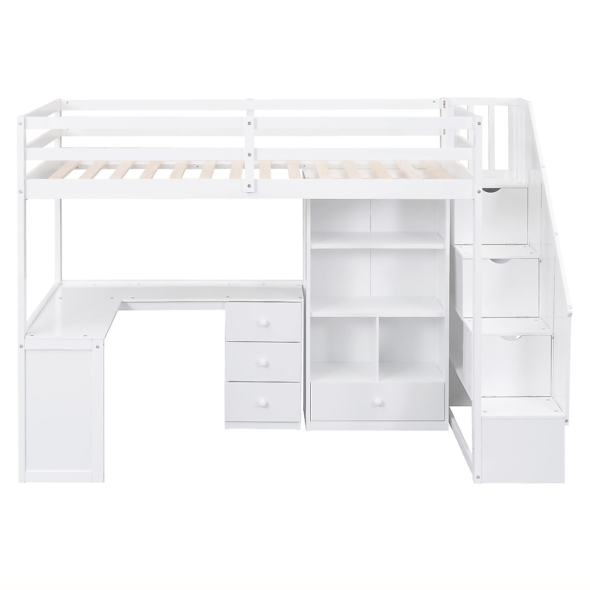 Twin Size Loft Bed with Staircase and L-Shaped Desk, Wooden Loft Bed with Storage Shelves and Drawers, Twin Loft Bunk Bed Frame for Kids Boys Girls Teens, No Box Spring Needed (White)