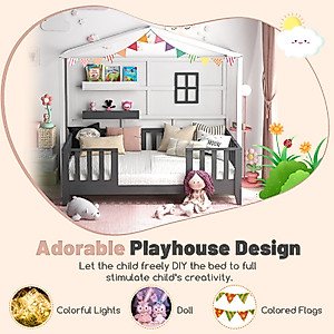 GOFLAME Twin Size House Bed for Kids, Montessori Floor Bed with Roof, 2 Storage Shelves, Rails and Window, Wooden Slatted Playhouse Bed Frame for Boys, Girls, No Box Spring Needed