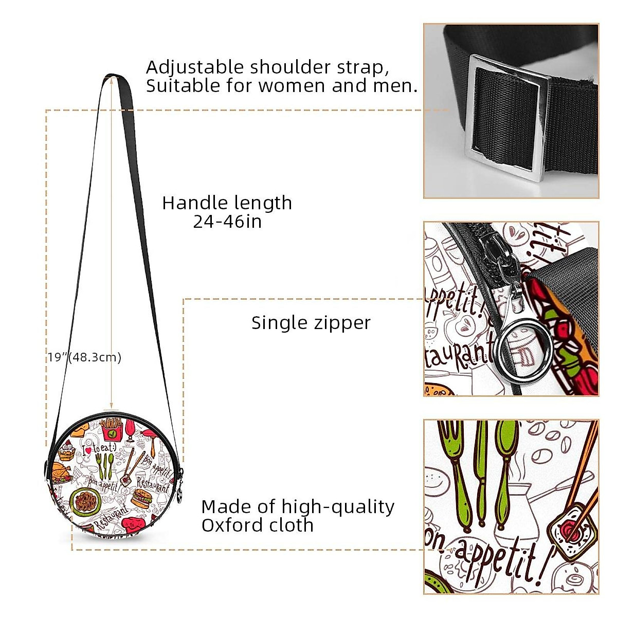 Food Pattern Crossbody Bag for Women Circle Purse Shoulder Handbag Wallet Crossbody Purse Bag