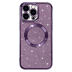 Hython for iPhone 13 Pro Max Case Glitter, Clear Magnetic Phone Cases with Camera Lens Protector [Compatible with MagSafe] Bling Sparkle Plating Soft TPU Slim Shockproof Protective Cover Women-Purple