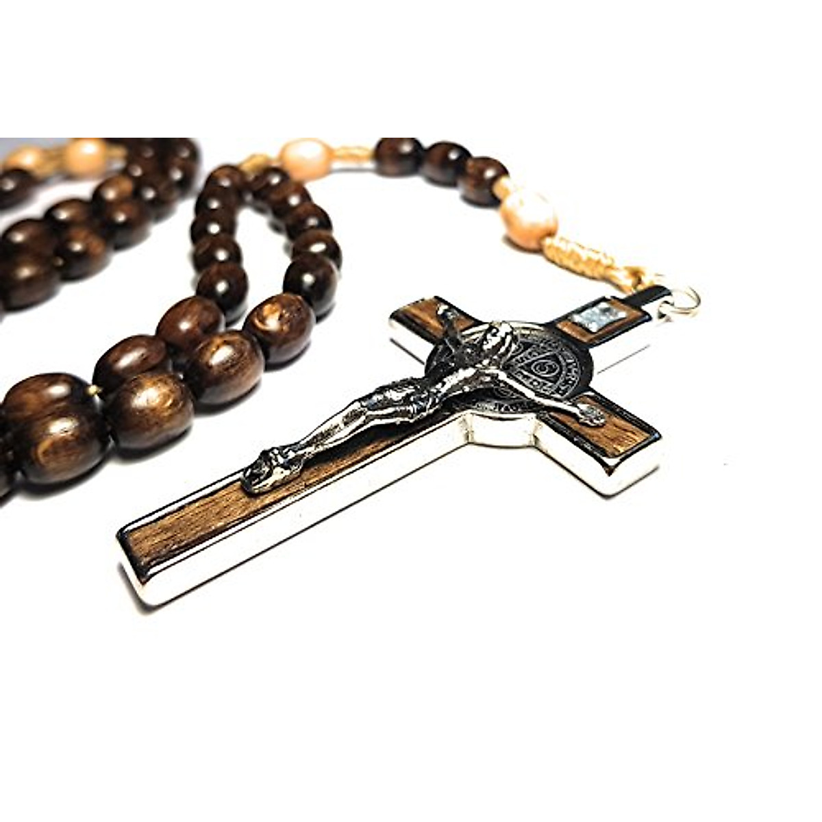 ESNOY OVERSIZED Made in Italy Rosary Blessed by Pope Francis Vatican Rome Holy Father Medal Cross Saint Benedict Patron Saint of Students Honor Veterans US Army solders Addiction Dependence (Brown)