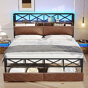 DICTAC King LED Bed Frame with Hidden Storage Headboard, Brown Leather Upholstered Bed Frame with 2 Drawers, Metal Platform King Led Headboard with Charging Station