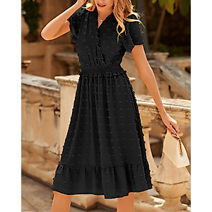 BTFBM Women's Summer Elegant Short Sleeve V Neck Swiss Dot Midi Dresses Cute Boho High Waist Long Dresses A-Line Ruffle Dress（Solid Black,X-Large