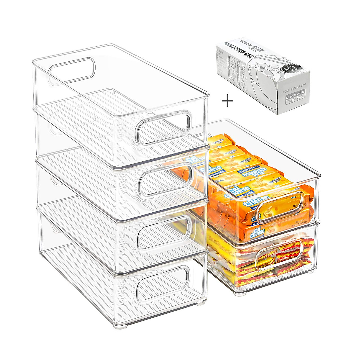 Stackable Refrigerator Organizer Bins, 6 Pack Clear Kitchen Organizer Container Bins with Handles and 20 PCS Free Plastic Bags for Pantry, Cabinets, Shelves, Drawer, Freezer - Food Safe, BPA Free 10"L