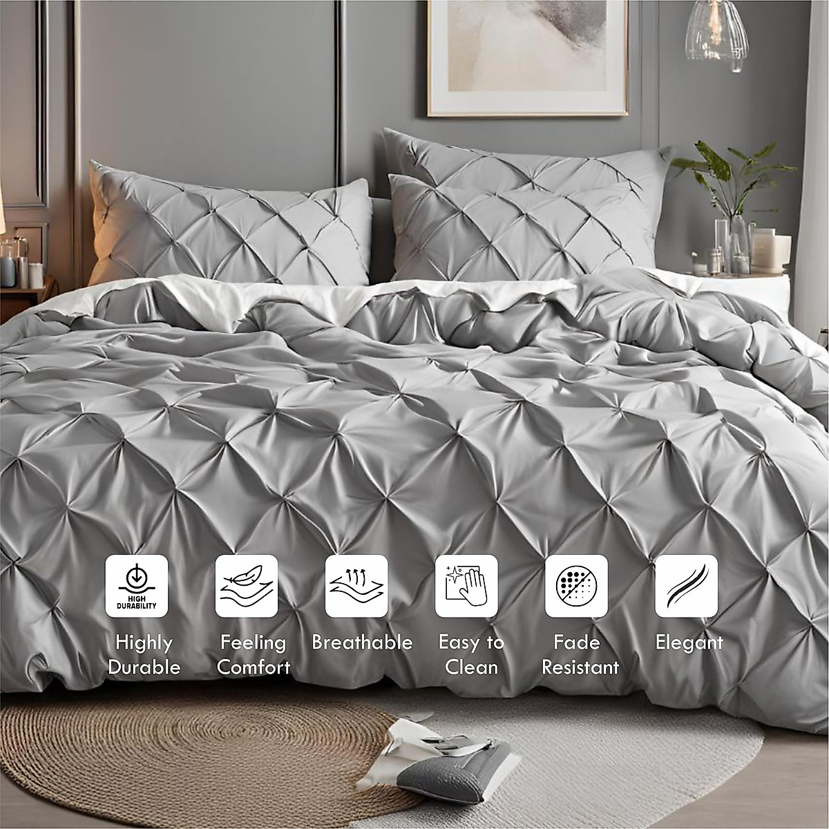 Epinch_Pinch Pleated Duvet Cover Set 1200TC 100% Cotton Luxurious Home 3Piece 1Pinch Duvet Cover 2Pinch Pillowcase Zipper Tie Closure Pack of 1