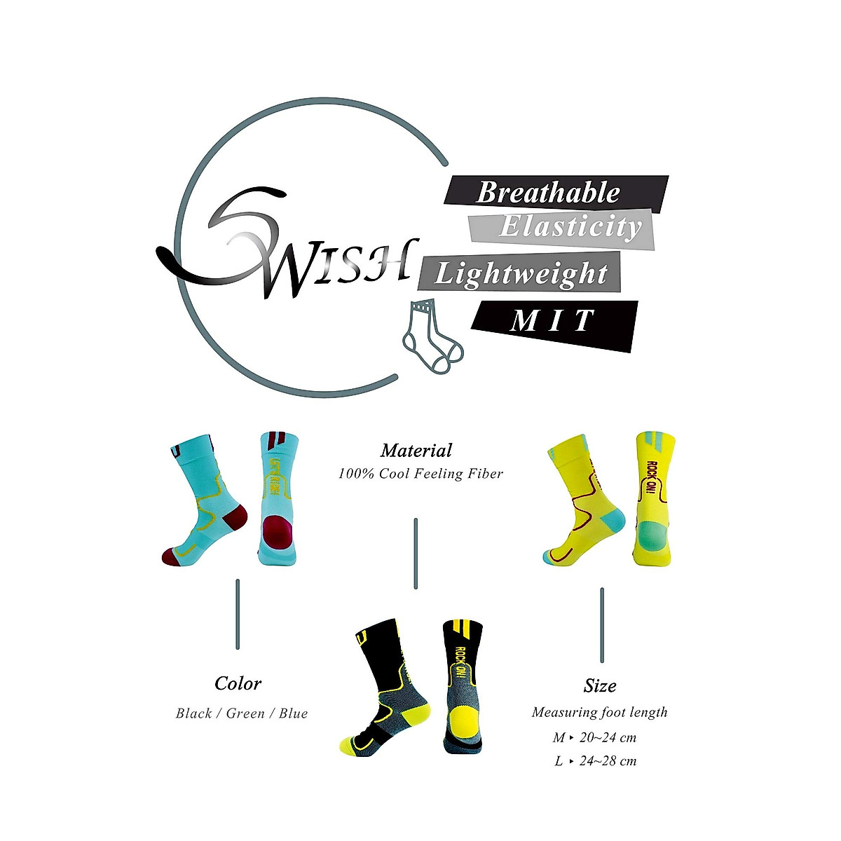 Swish Race Road Cyclocross Mountain Gravel Bicycle Bike Sports Cycling Socks Cooling Fibers 3-pairs in Black/Green/Blue colors also for Hiking,Jogging,Yoga,Running use (Black, L)