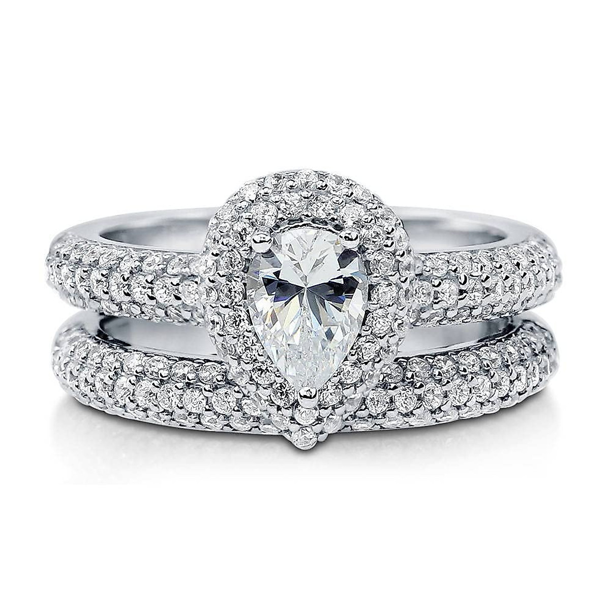 BERRICLE Sterling Silver Halo Wedding Engagement Rings Pear Cut Cubic Zirconia CZ Ring Set for Women, Rhodium Plated Size 9