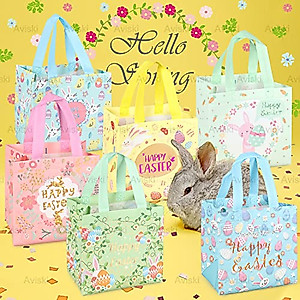 6PCS Happy Easter Egg Hunt Bags Bunny Carrot Chick Metallic Printing Gift with Handles, Treat Bags, Multifunctional Non-Woven for Gifts Wrapping, Party Supplies , 8.3×7.9×5.9inch
