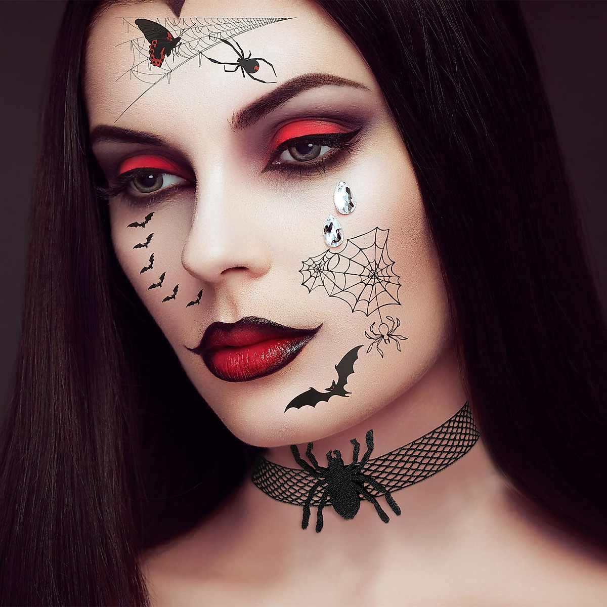 8 Pcs Halloween Cosplay Party Accessories 6 Sheet Halloween Spider Face Tattoos Spider Web Net Temporary Tattoos 1 Halloween Spider Necklace Lace Choker 1 Halloween Spiderweb Headband Head Piece