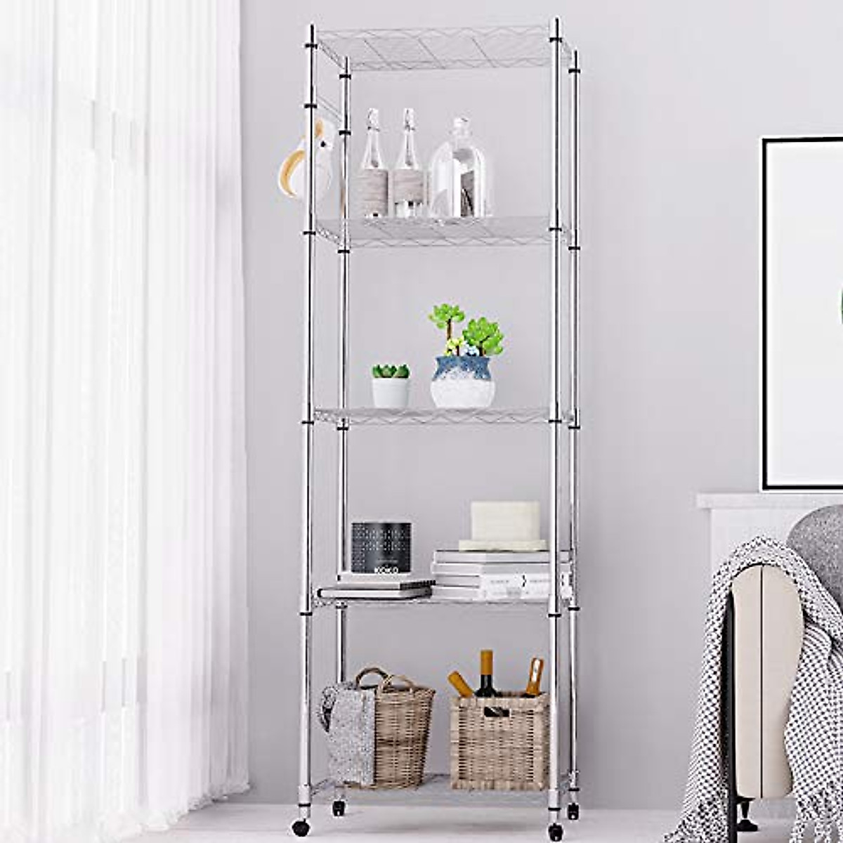 BATHWA 5-Shelf Wire Shelving Units, Sturdy Metal Shelf Chrome Organizer Wire Rack with 360° Wheels, Adjustable Utility Storage Shelves for Garage, Kitchen, Living Room, Bathroom, 23.2L x 13.8W x 72H
