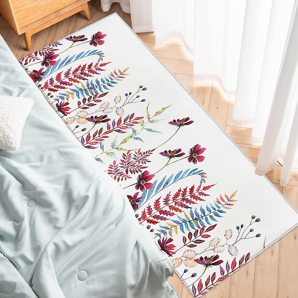 Colorful Leaf Kitchen Rug Botanical Plant Flower Country Farmhouse Style Water-Absorbing Runner Carpet Area Mat for Bedroom Bathroom Indoor Use Rubber Backing Accent Throw Low Pile Washable 20x47