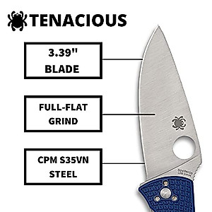 Spyderco Tenacious Lightweight Folding Utility Pocket Knife with 3.39" CPM S35VN Steel Blade and Blue FRN Handle - Everyday Carry - PlainEdge - C122PBL